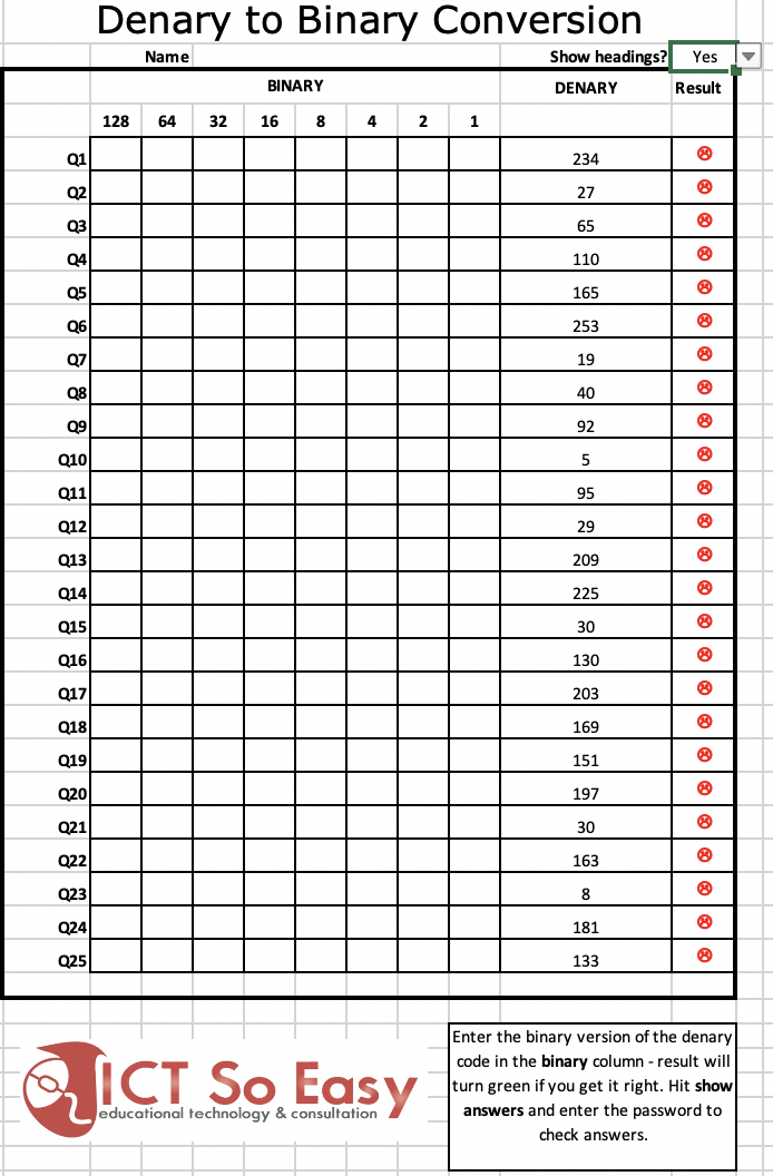 Denary Decimal To Binary Interactive Worksheet Ict So Easy Ltd